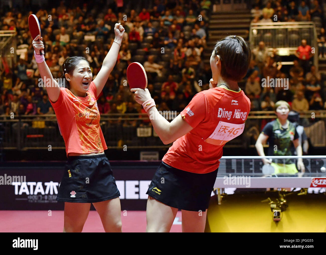 Liu Shiwen (L) and Ding Ning of China celebrate after defeating ...