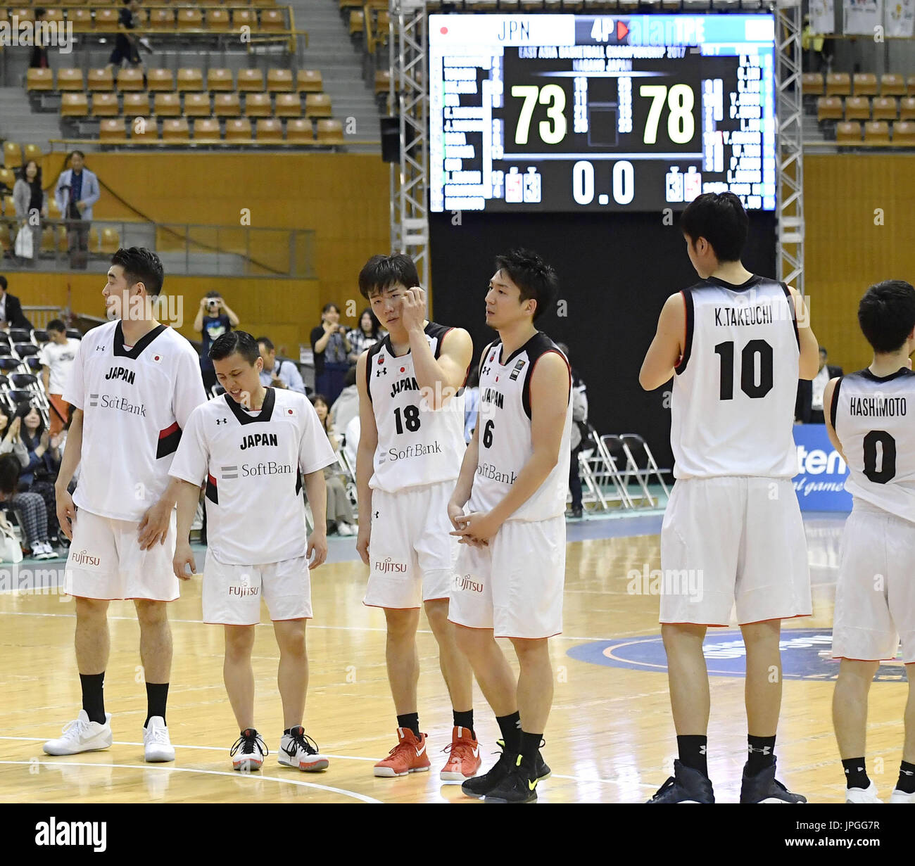 Players of Japan's men's national basketball team react after falling ...