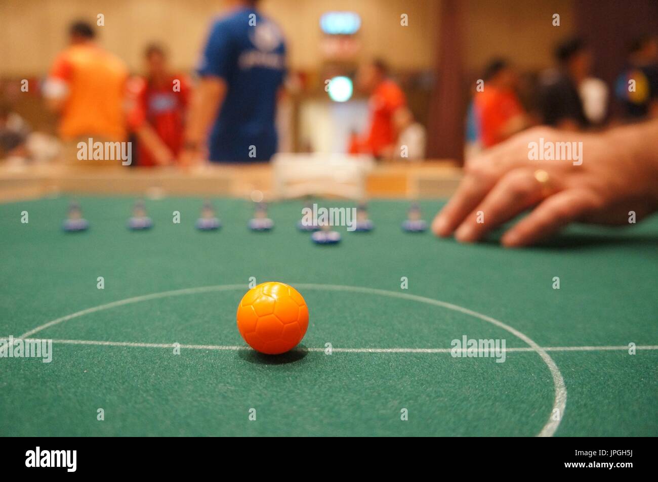 Photo taken on June 10, 2017, shows a table soccer ball on a felt ...