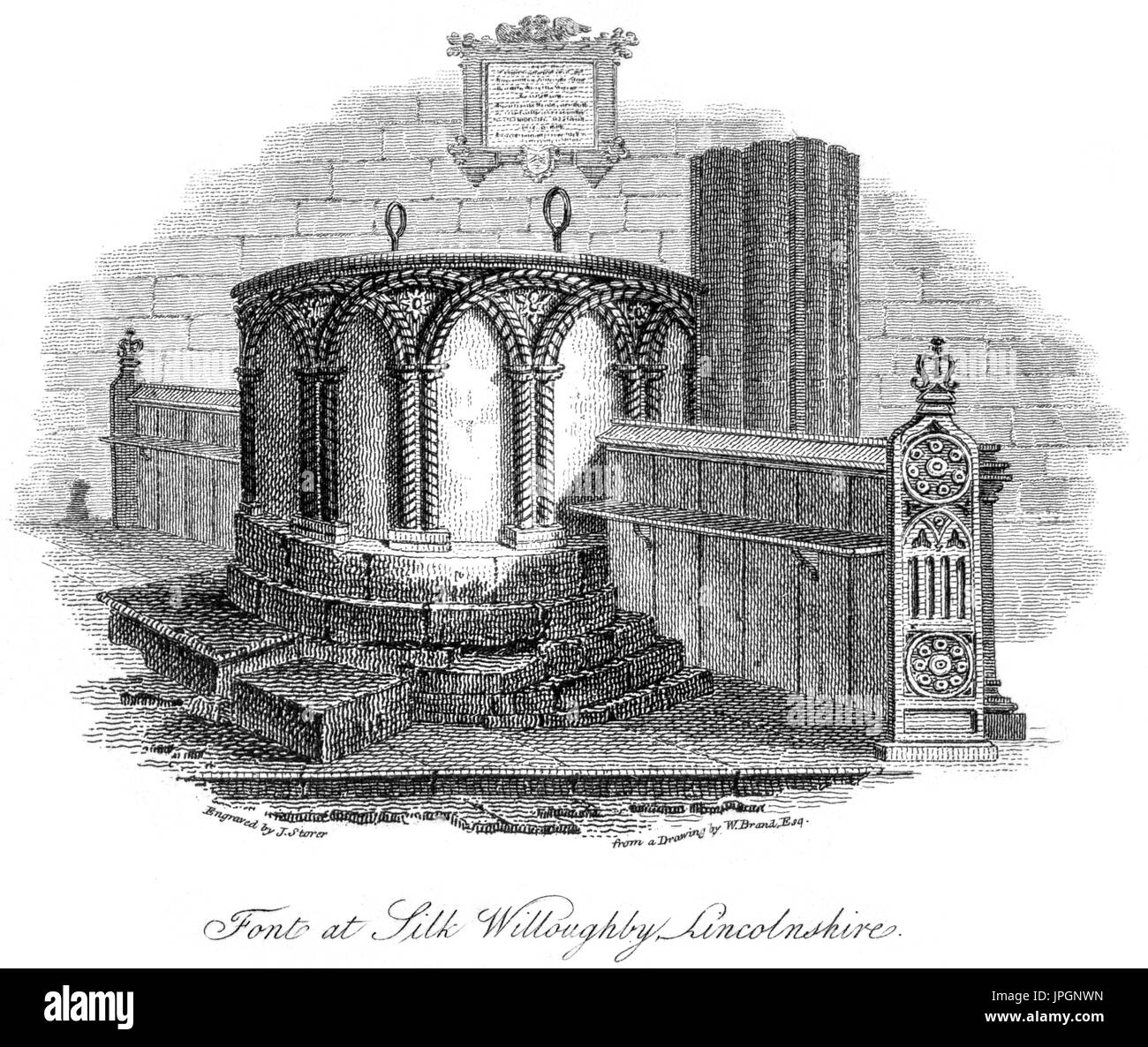 An engraving of the Font at Silk Willoughby, Lincolnshire scanned at ...