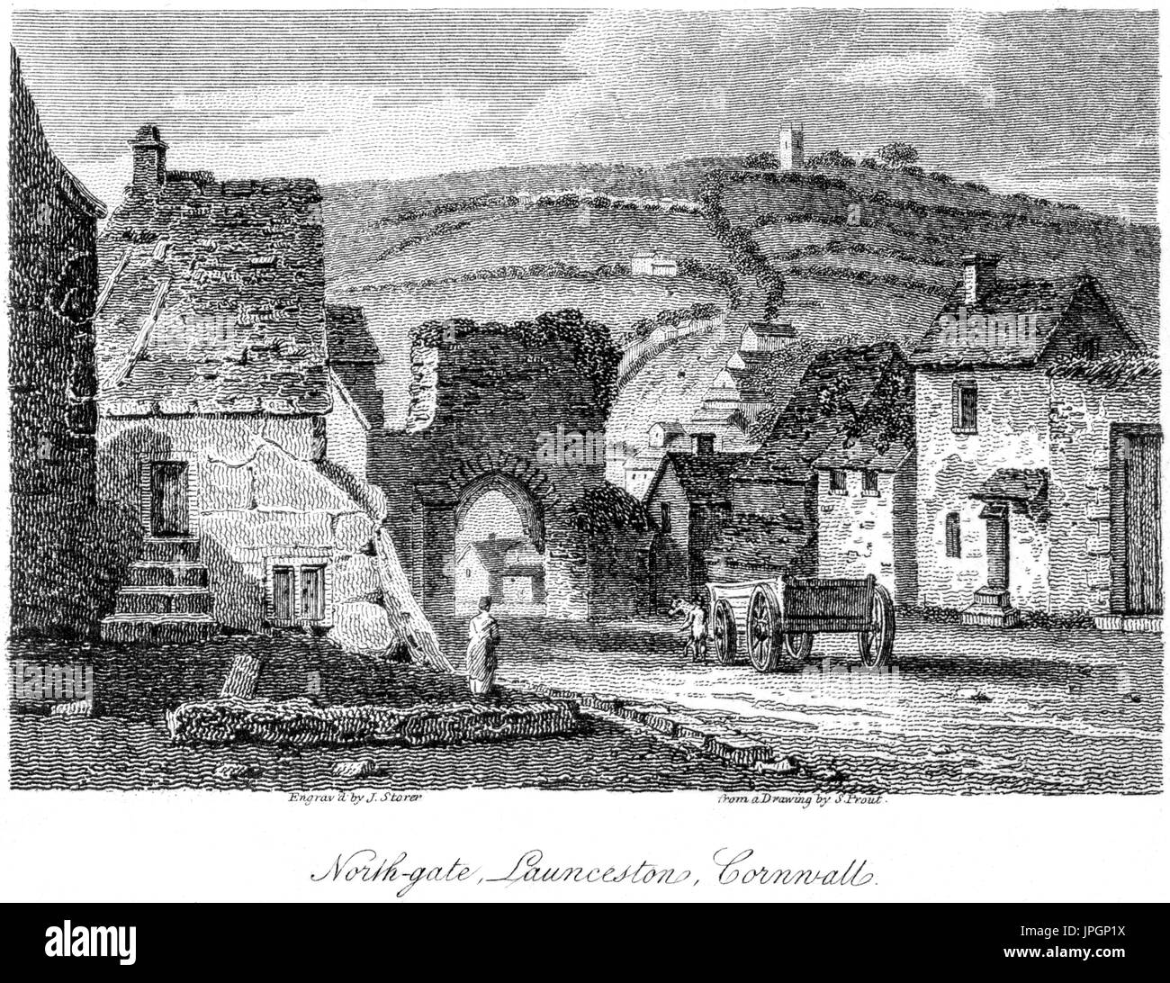 An engraving of North gate, Launceston, Cornwall scanned at high ...