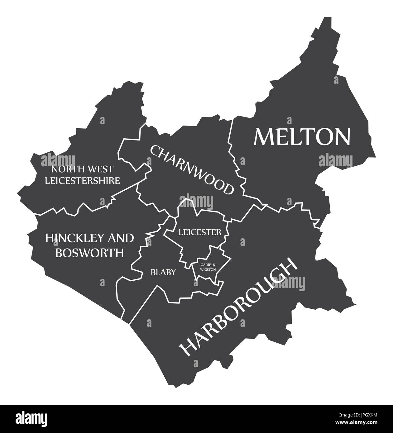 Leicestershire county England UK black map with white labels ...