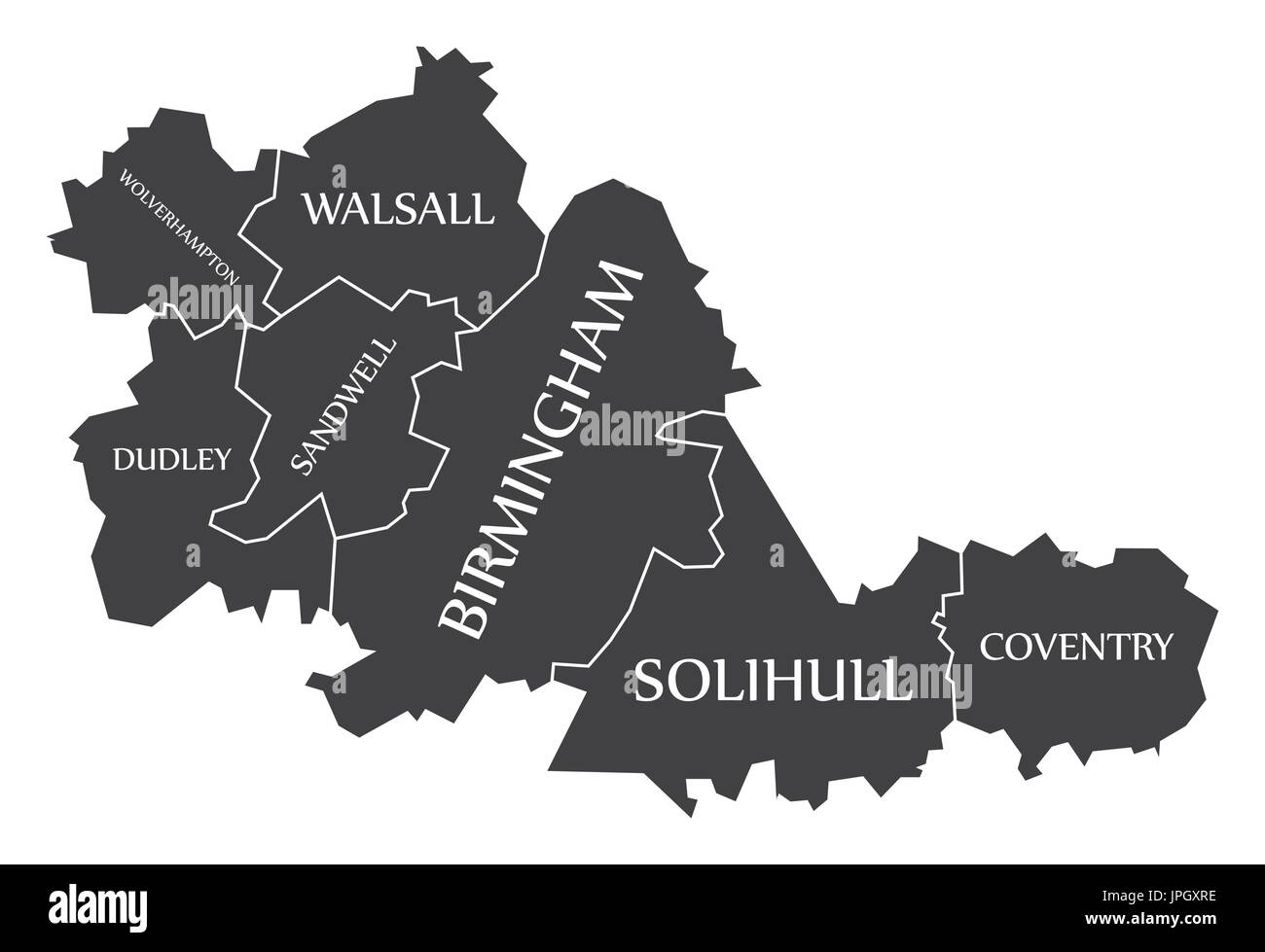 West Midlands metropolitan county England UK black map with white ...