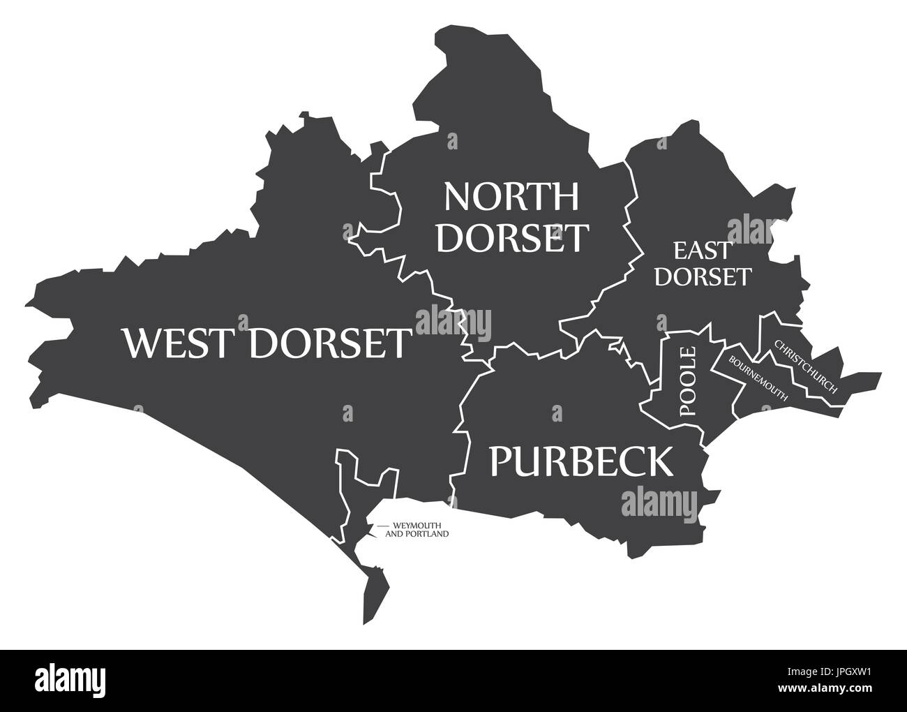 Dorset county England UK black map with white labels illustration Stock ...