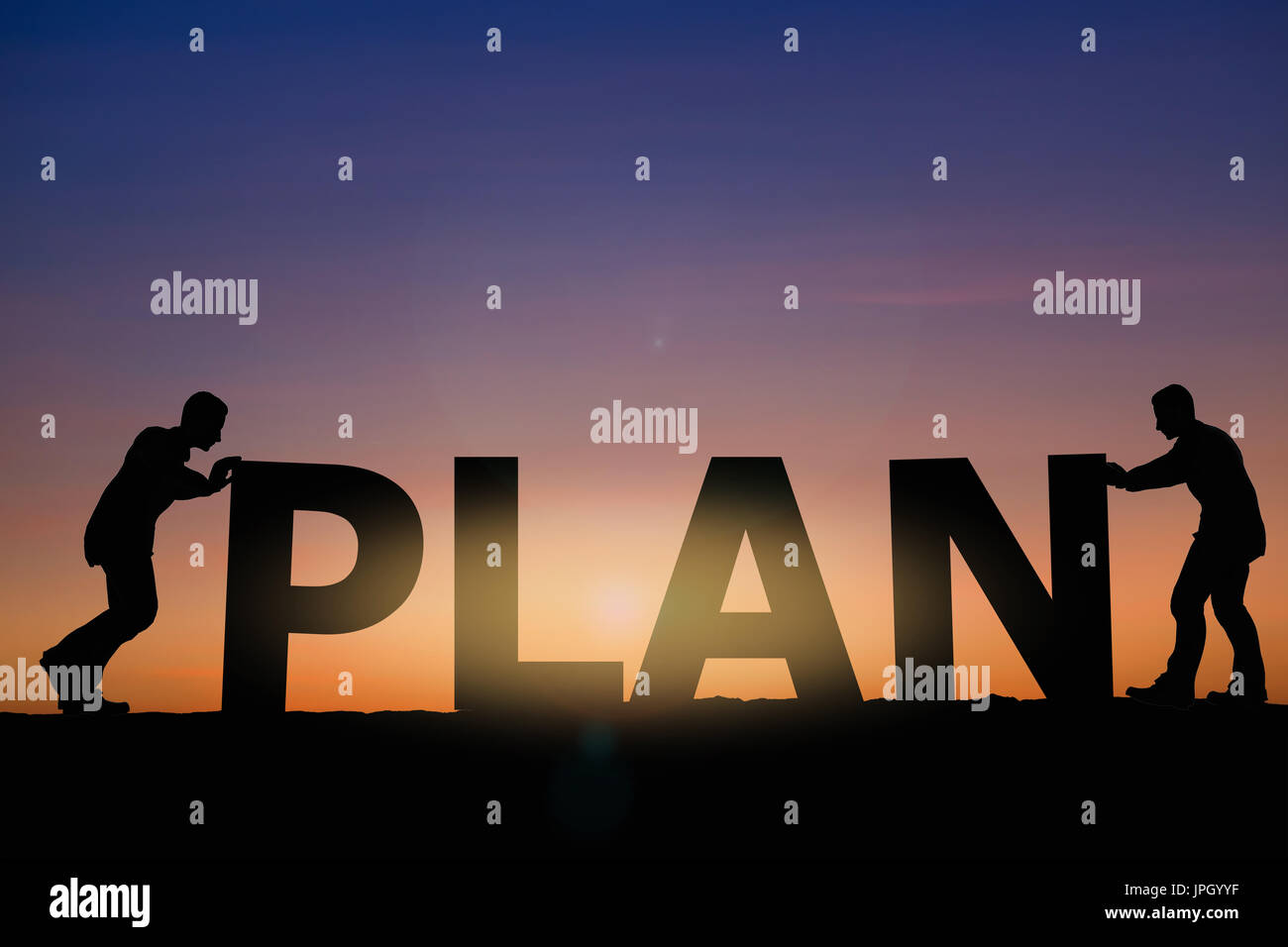 plan concept with two man on sunset sky background Stock Photo - Alamy