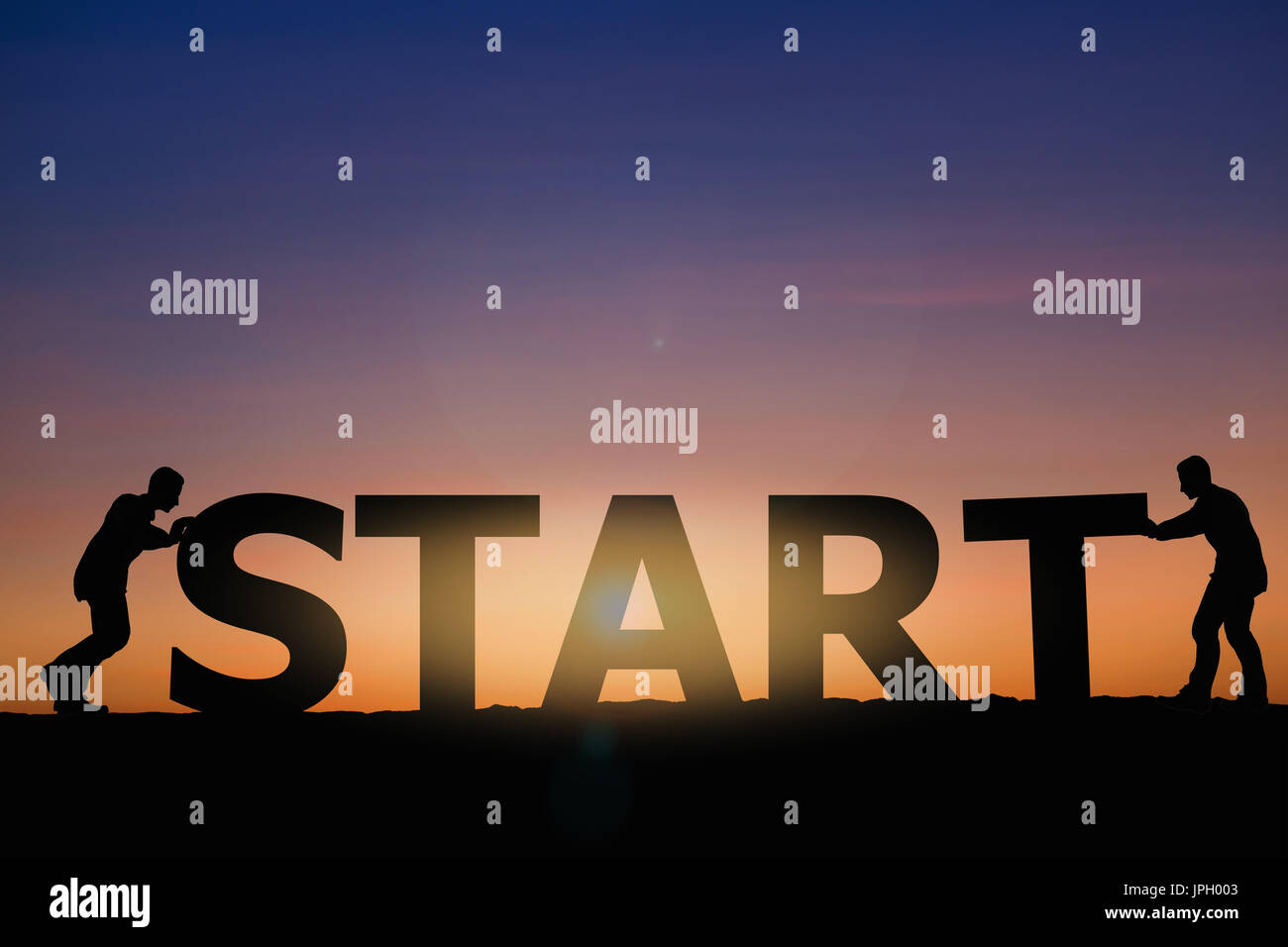 start concept with two man on sunset sky background Stock Photo - Alamy
