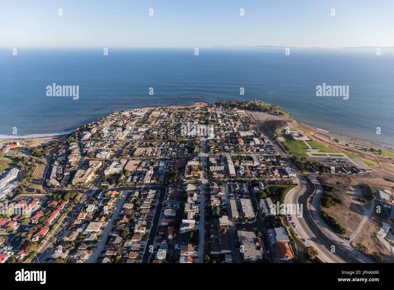 Aerial view of the San Pedro streets and the Pacific Ocean in Los ...