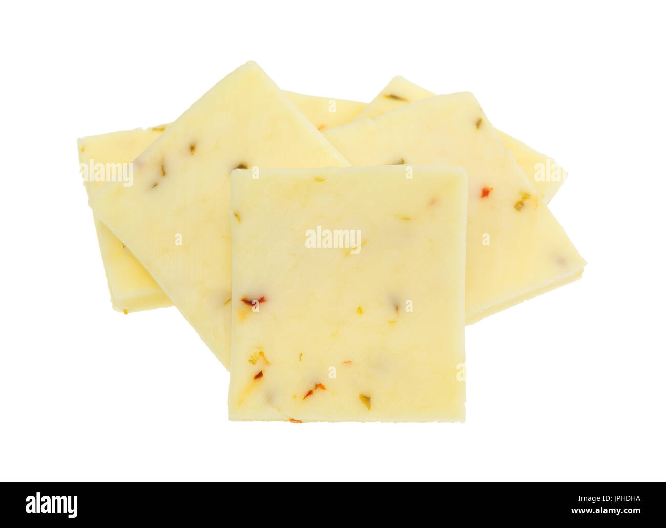 Small group of fresh pepper jack cheese squares isolated on a white ...