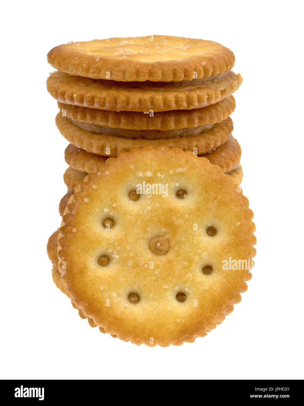 A stack of roasted peanut butter crackers with one in the front ...