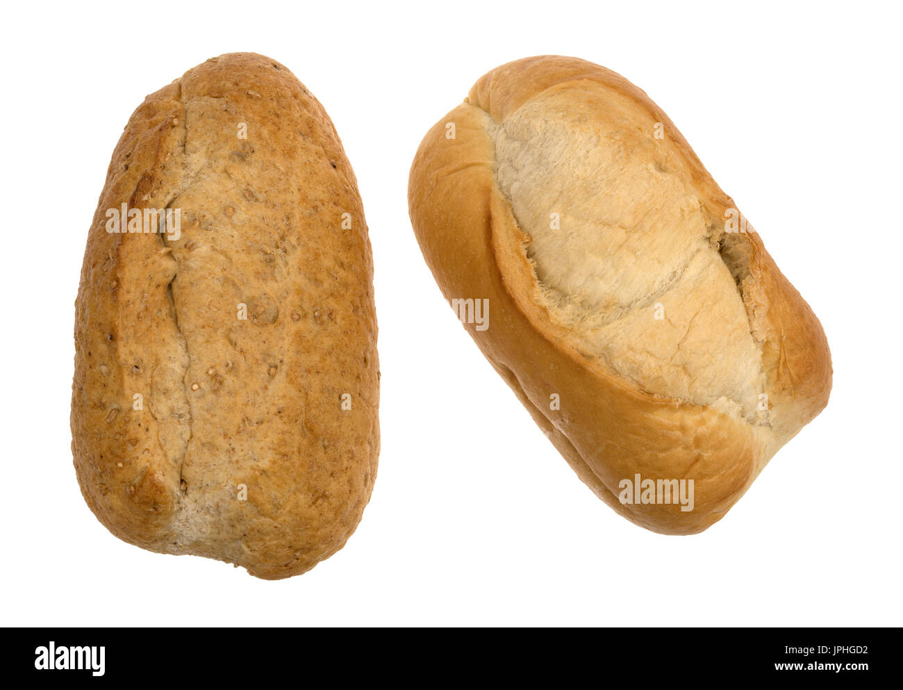 Top view of two small whole wheat and white bread loaves isolated on a ...