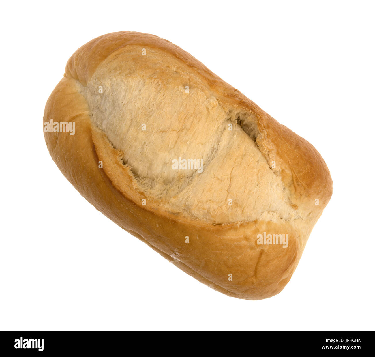 Top view of a small freshly baked white bread loaf isolated on a white ...