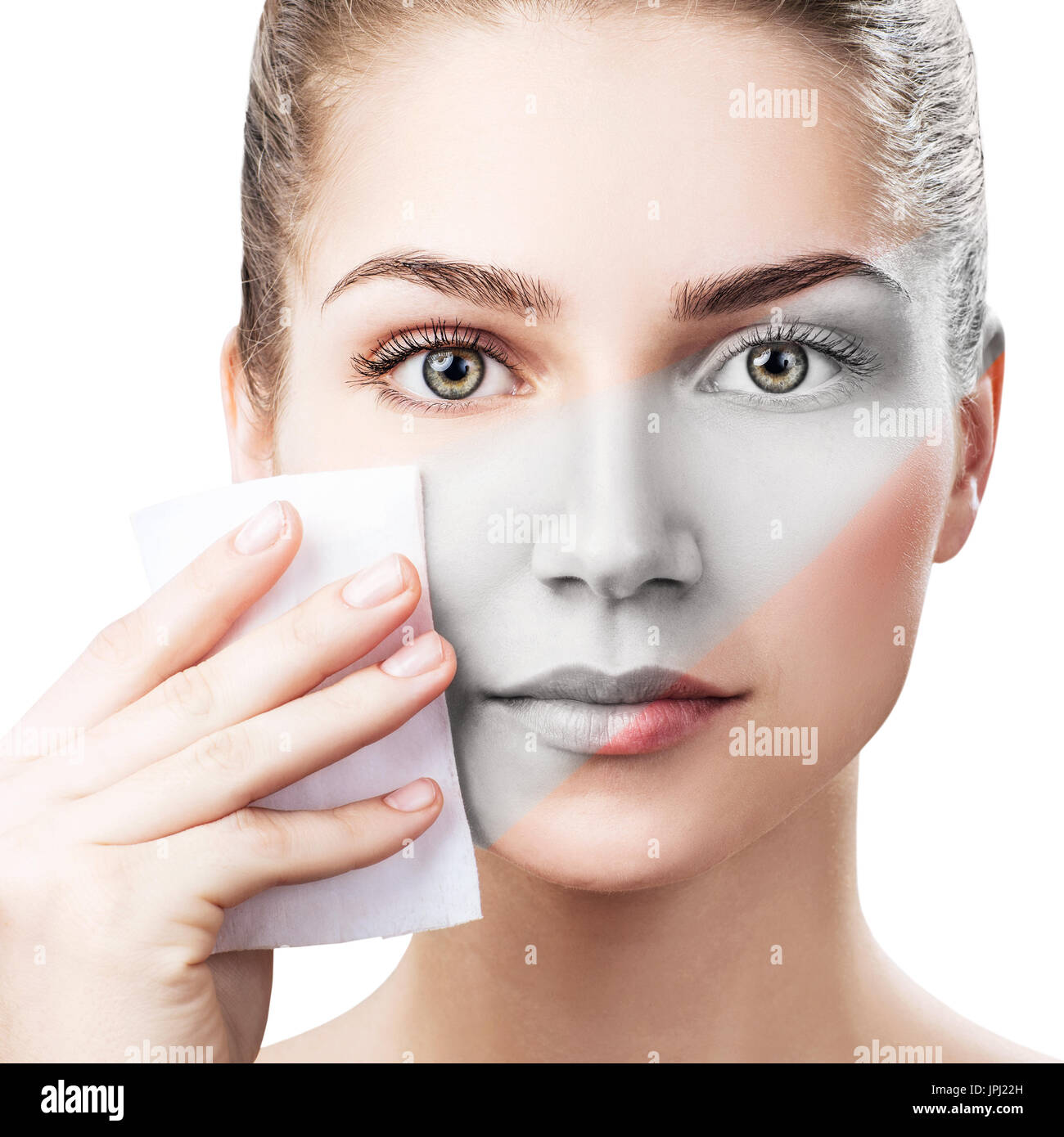 Young woman cleaning her face by napkins Stock Photo - Alamy