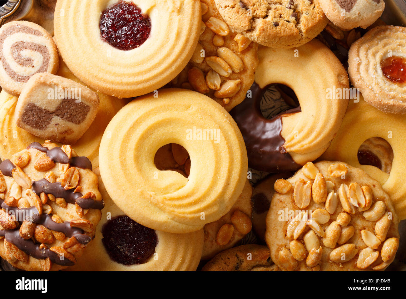 Sweet delicious cookies assorted close-up. Background horizontal top ...