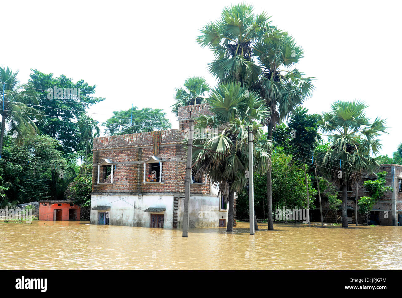 Amta, India. 01st Aug, 2017. People take shelter at second floor or ...