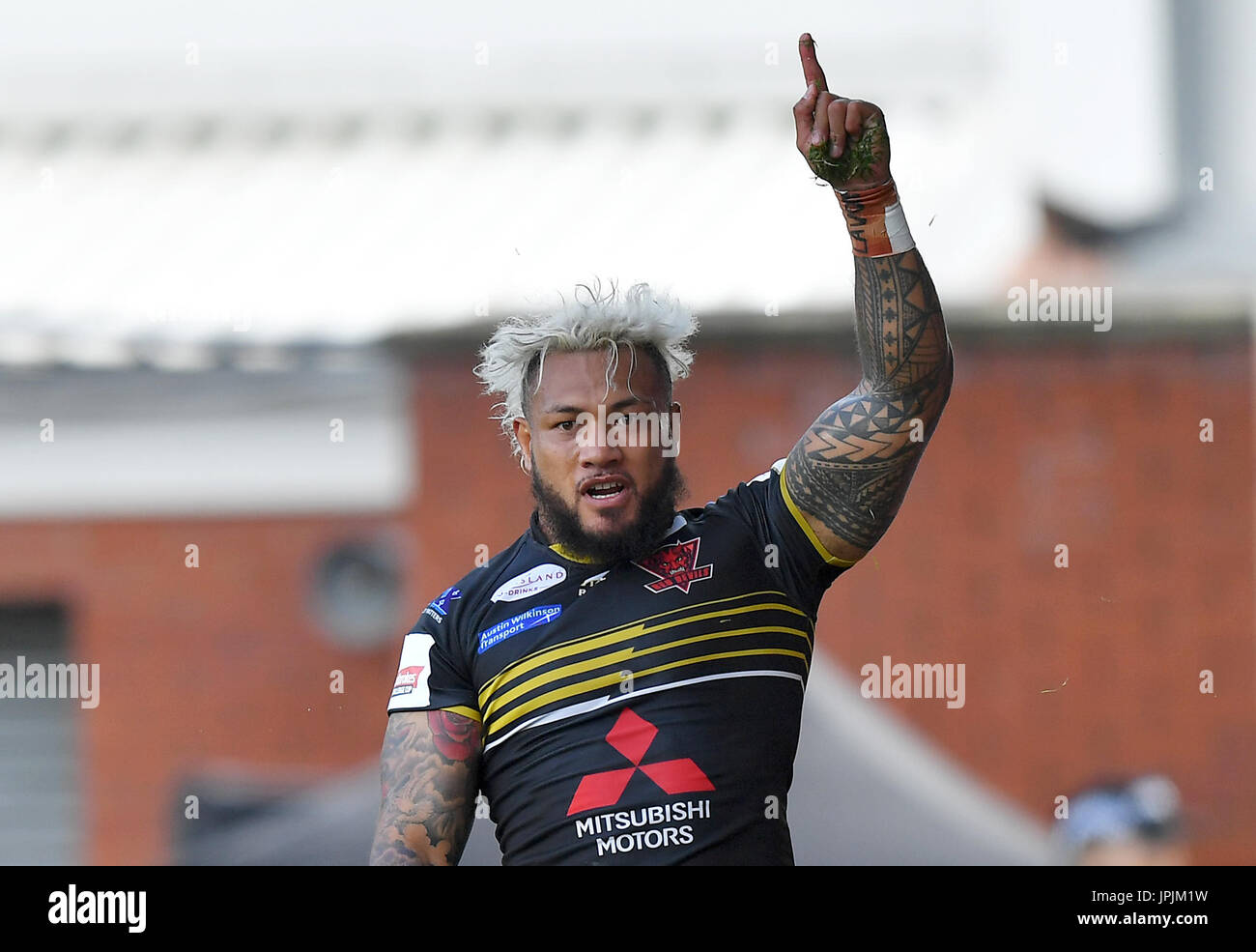 Salford Red Devils' Junior Sa'u celebrates his teams second try during ...