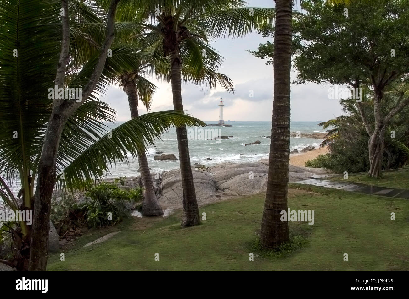 View of a lighthouse in the Dongtian park, Sanya, Hainan, China and ...