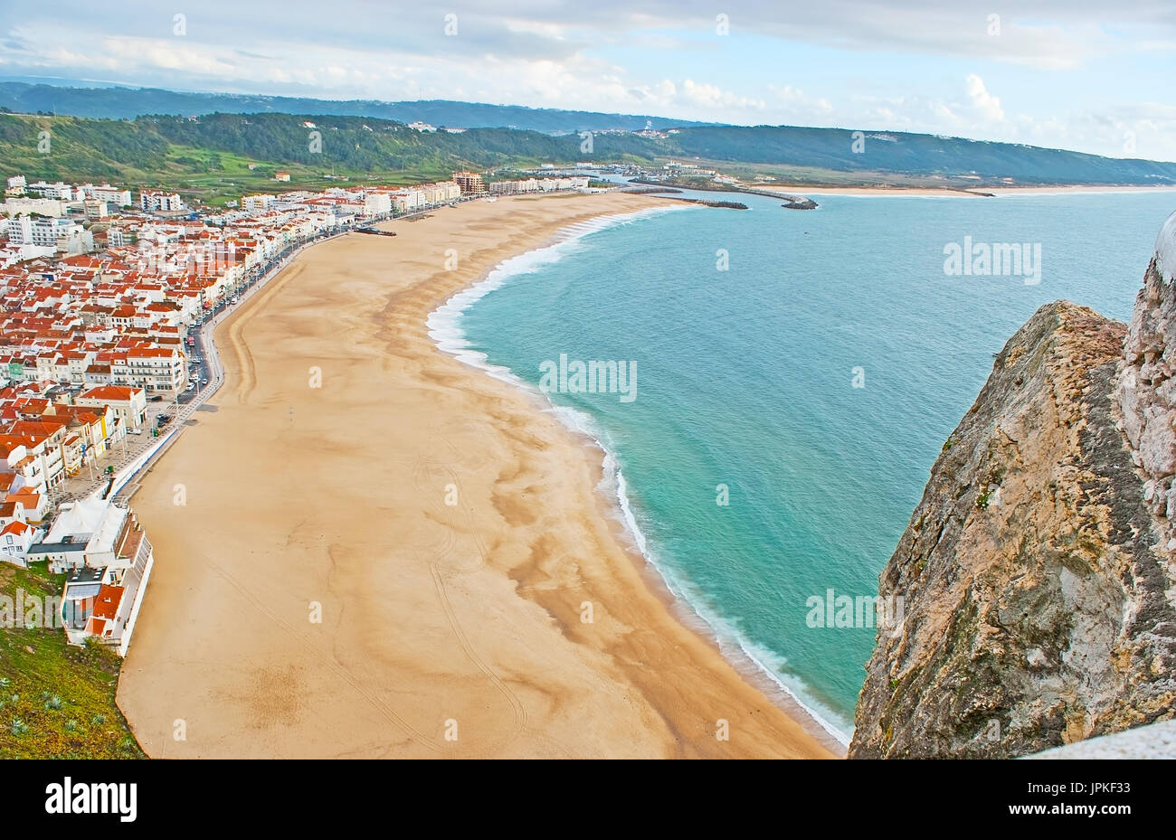 The sand beach of Praia district is seen from the hilltop of Nazare ...
