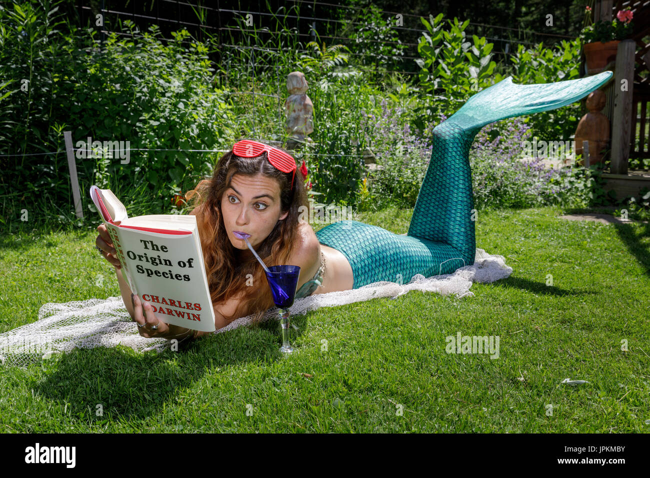 Mermaid reads Charles Darwin's classic "Origin of Species Stock Photo ...