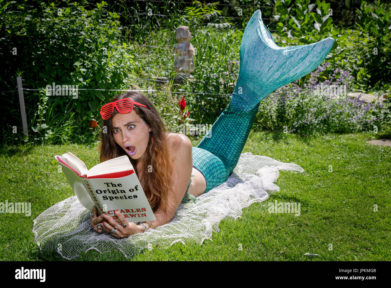 Mermaid reads Charles Darwin's classic "Origin of Species Stock Photo ...