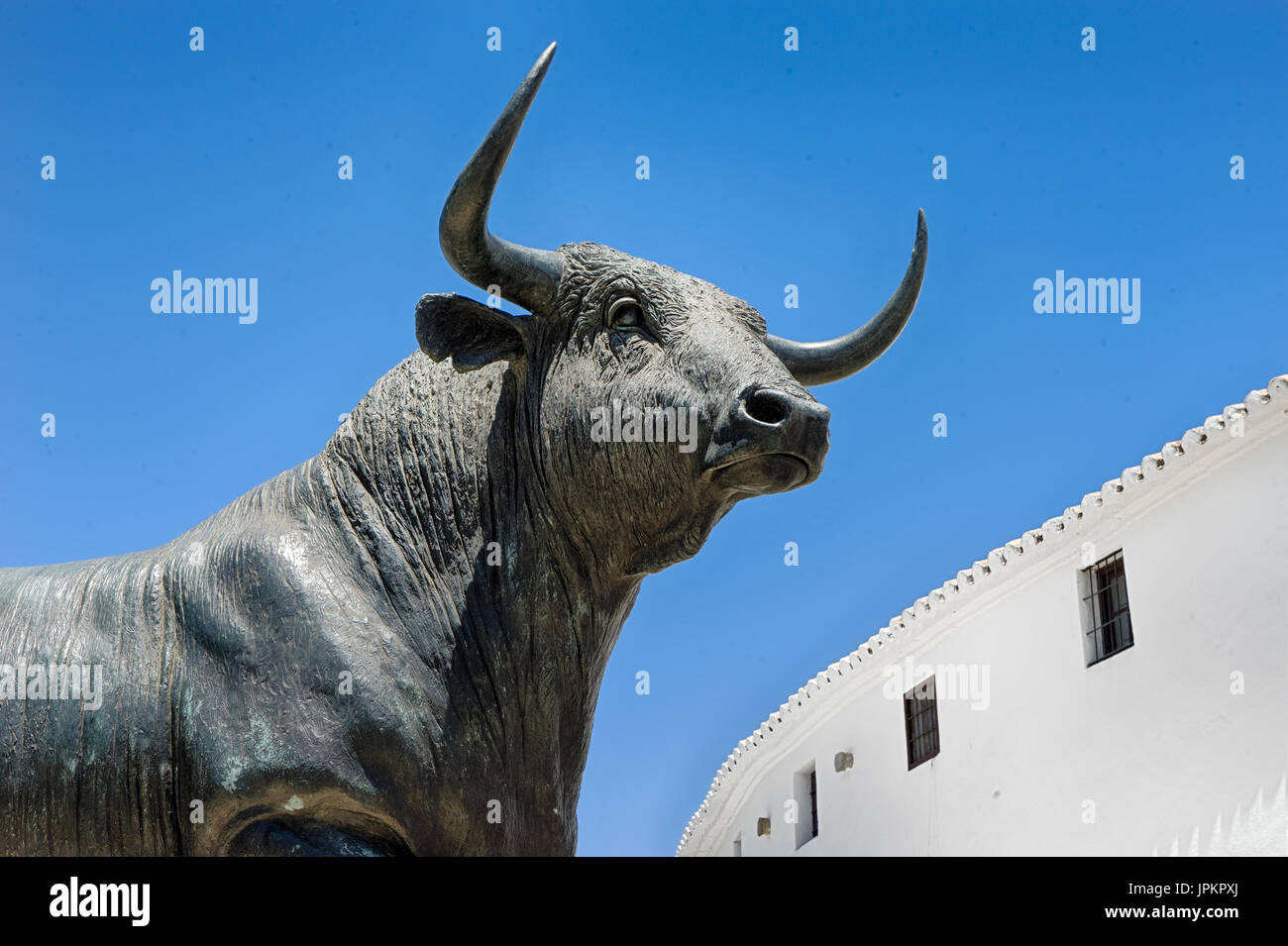 El Toro de Lidia, fighting bull, sculpture by the bullfighting arena in ...