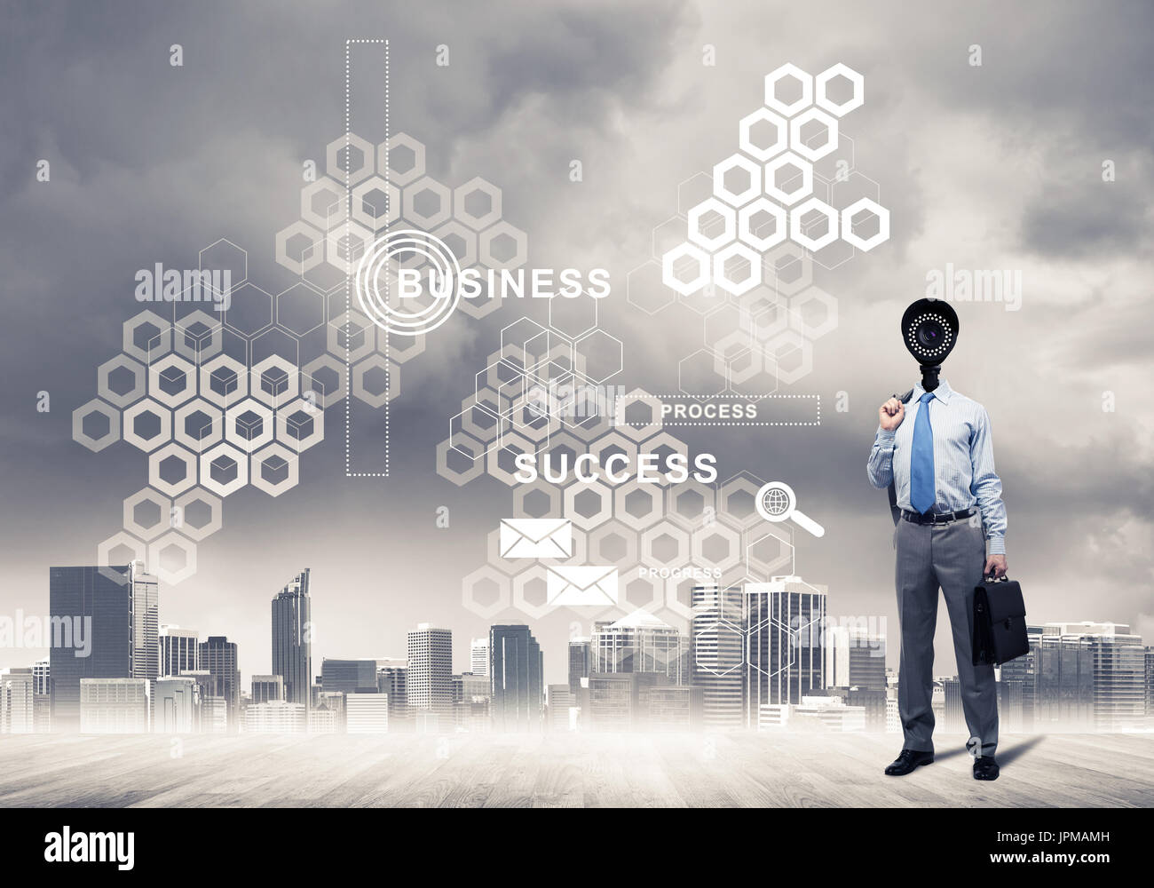 Camera headed man standing on wooden floor against modern citysc Stock ...