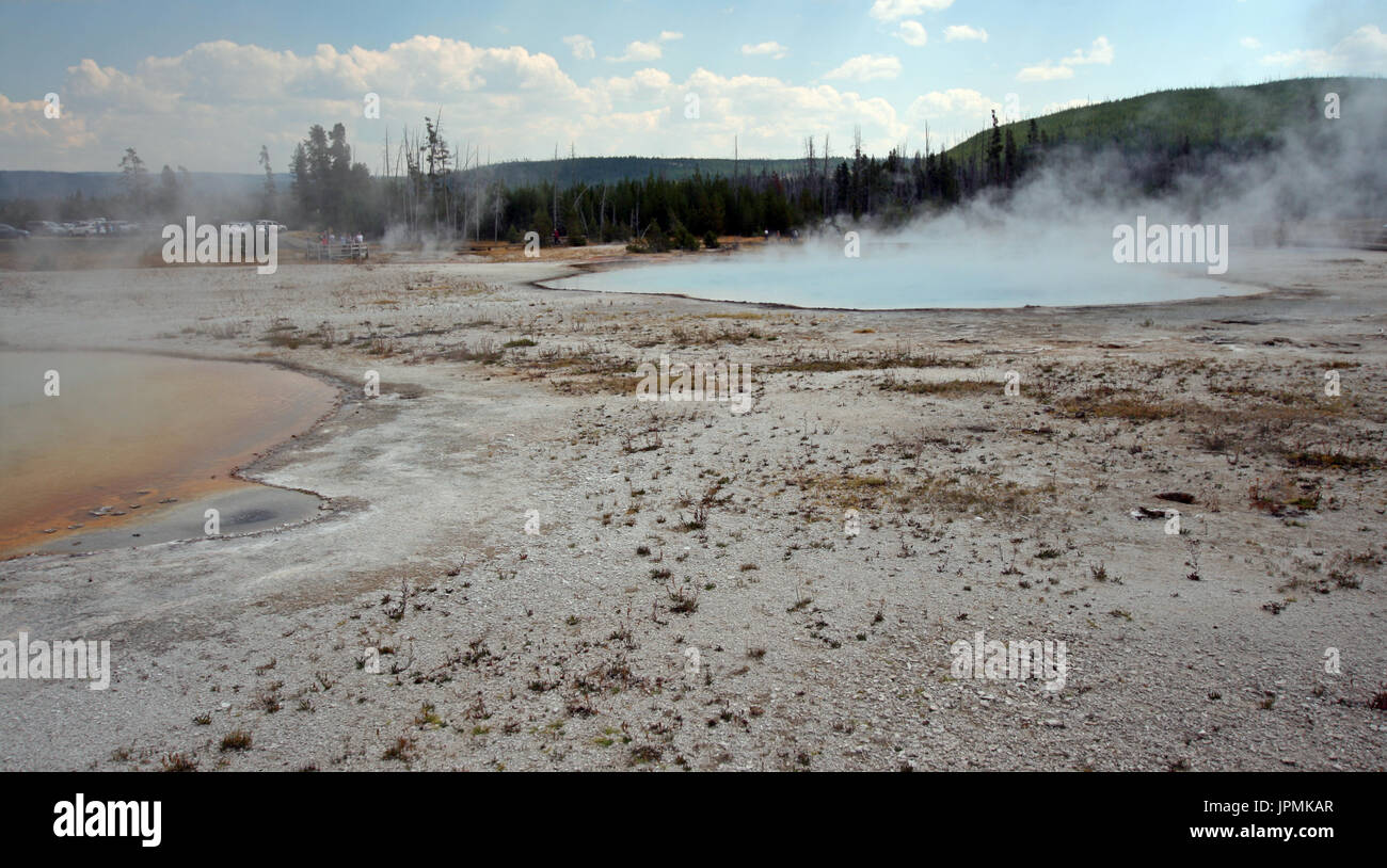 Rainbow Pool hot spring and Sunset Lake geyser in Black Sand Basin in ...