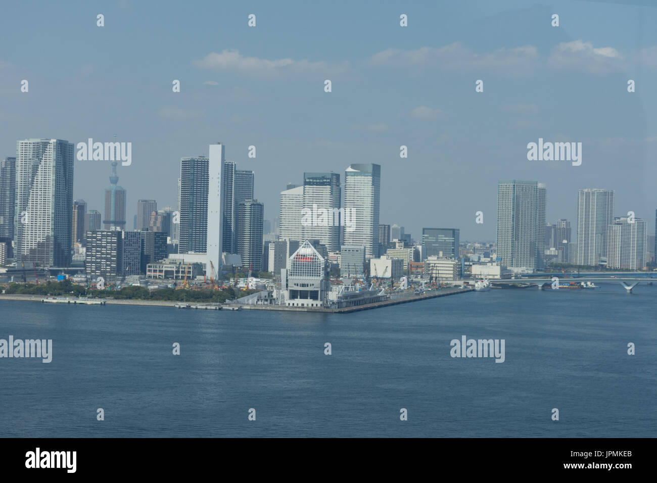 Panorama of Tokyo cityscape with modern skyscrapers, bridge and docks ...