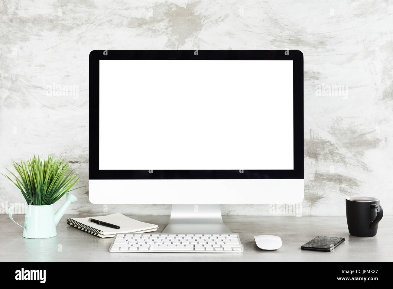 desktop computer on workspace table showing blank white screen Stock ...