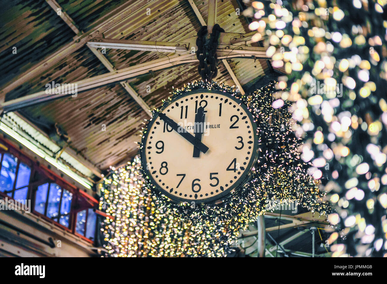 An Electrique Brillie clock hanging from the rafters at Chelsea Market ...