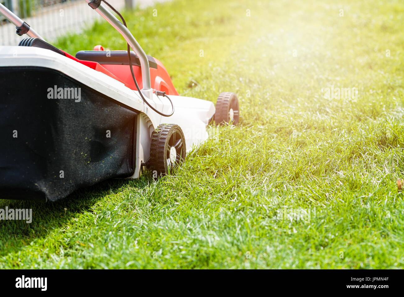 Lawn mower cutting green grass. Work in the garden. Spring gardening ...