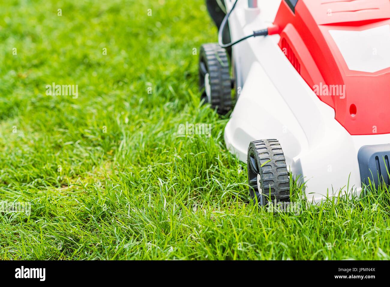 Lawn mower cutting green grass. Work in the garden. Spring gardening ...