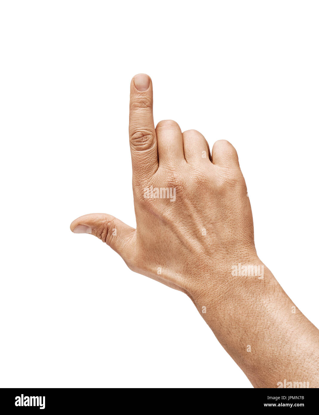 Man's hand touching or pointing to something isolated on white ...