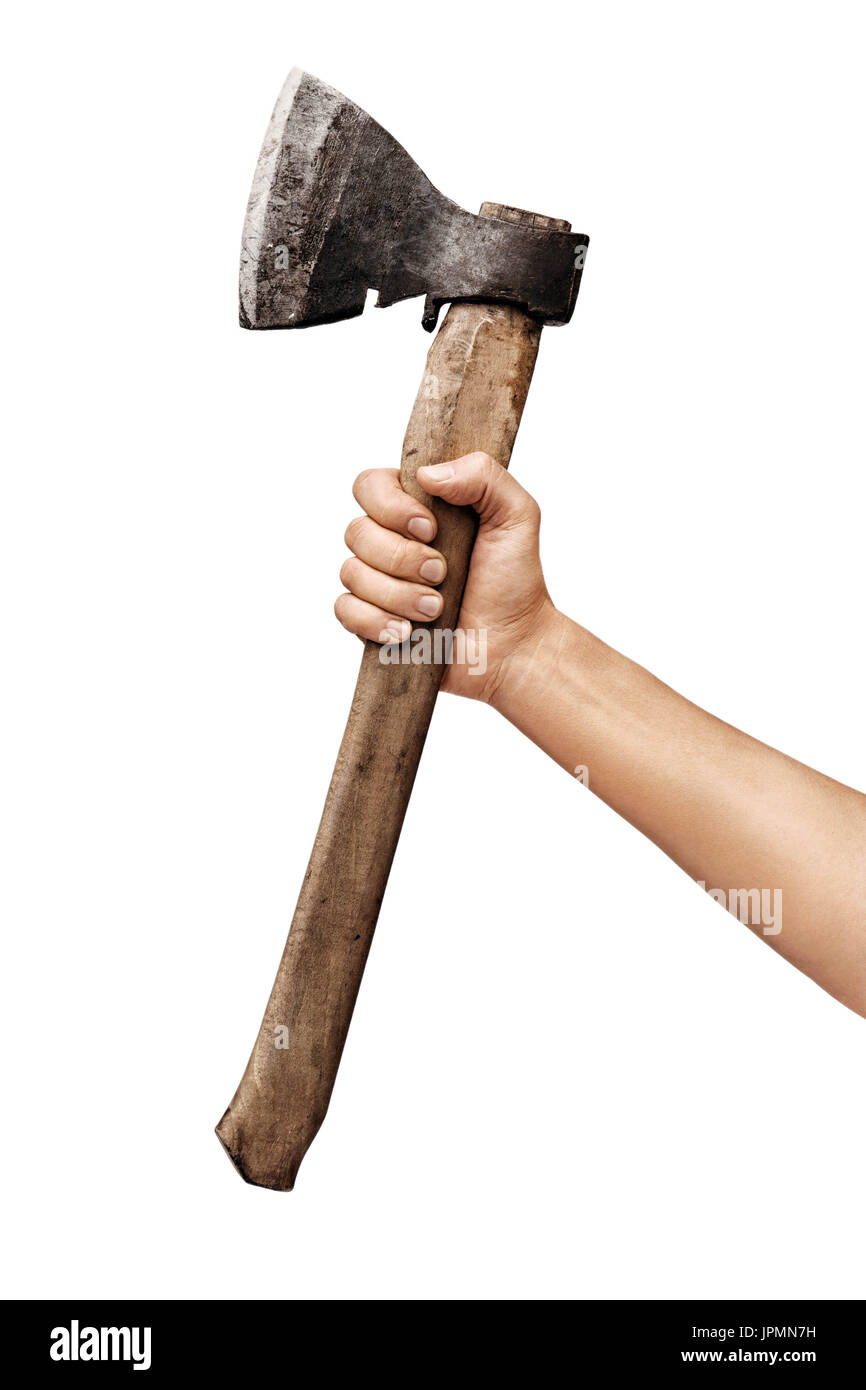 Man's hand holds an axe isolated on white background. Close up. High ...