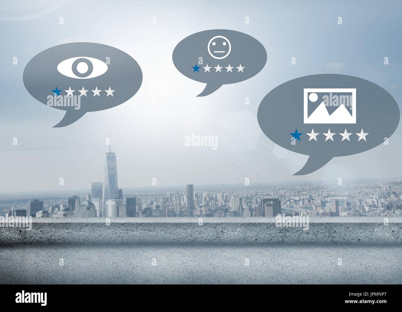 Digital composite of City with icons ratings in chat bubbles Stock ...