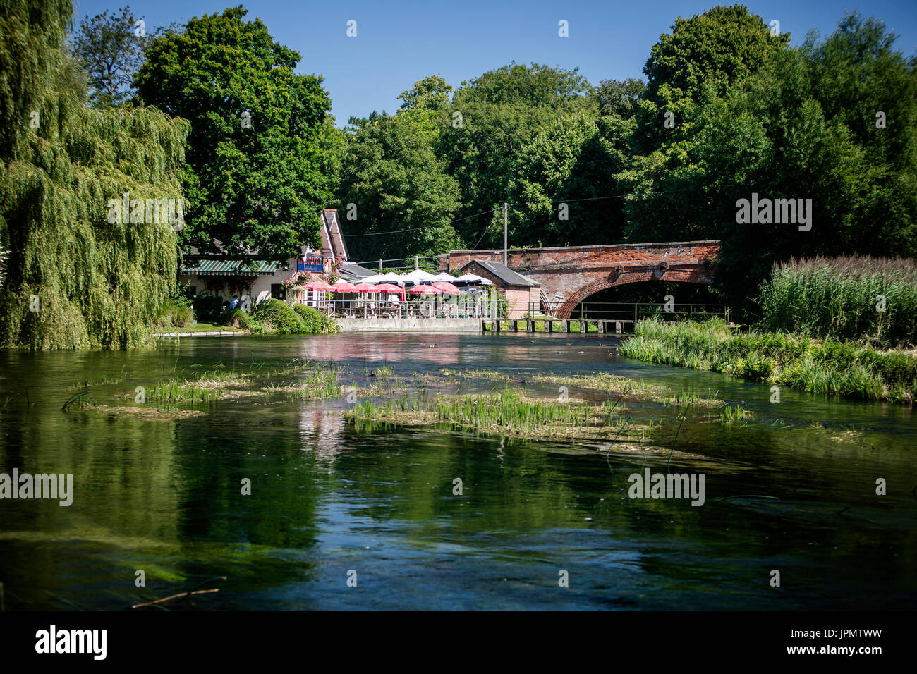 View upstream on the River Test towards The Mayfly, Fullerton, near ...