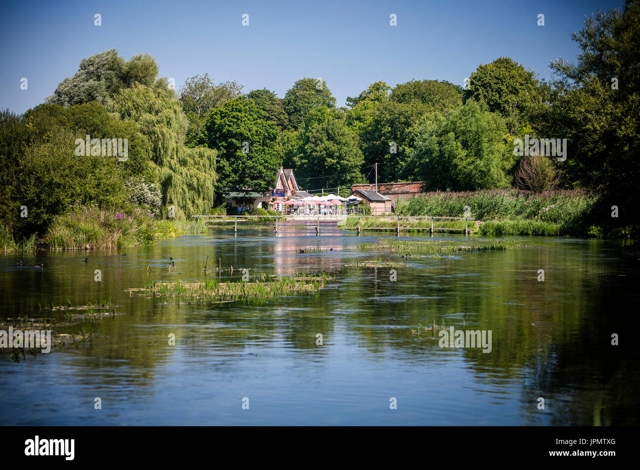 View upstream on the River Test towards The Mayfly, Fullerton, near ...