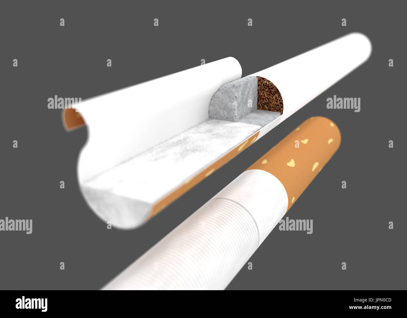3D realistic render of section through the cigarette filter with orange ...