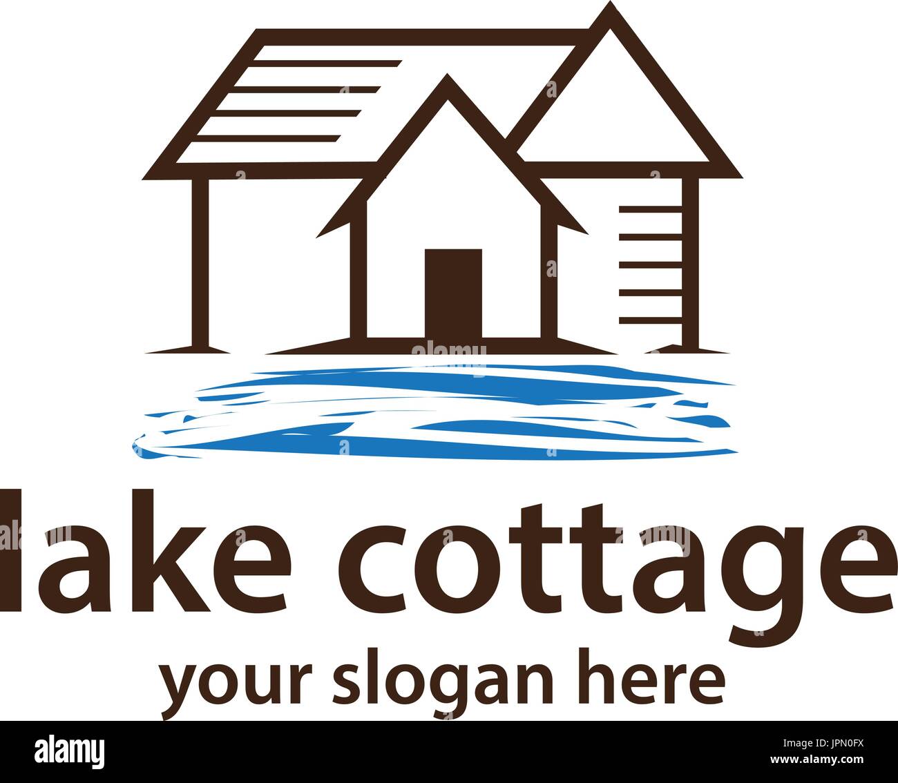 outlines of cottage with lake water, logo design, isolated on white ...