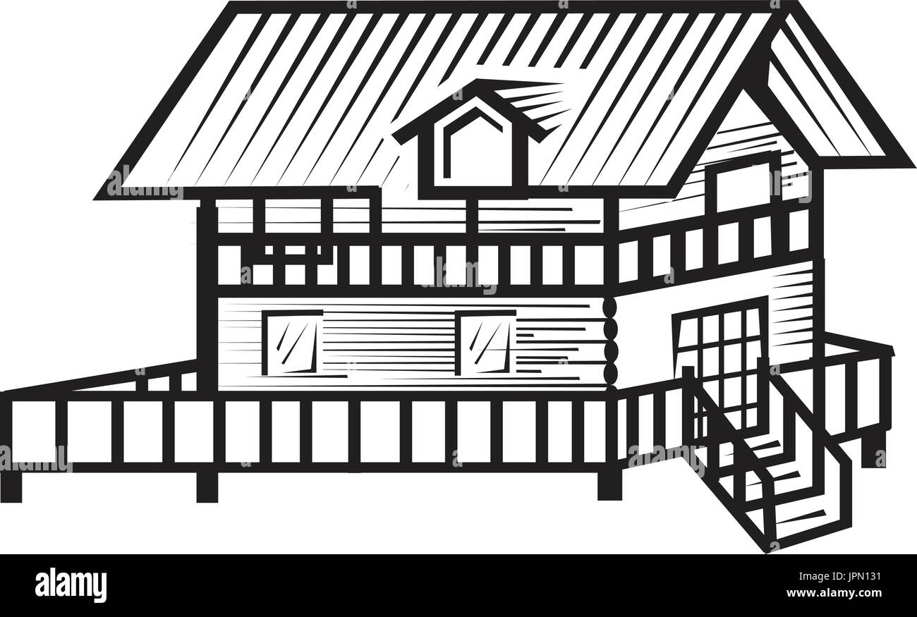 detailed outlines of cottage, illustration, isolated on white ...