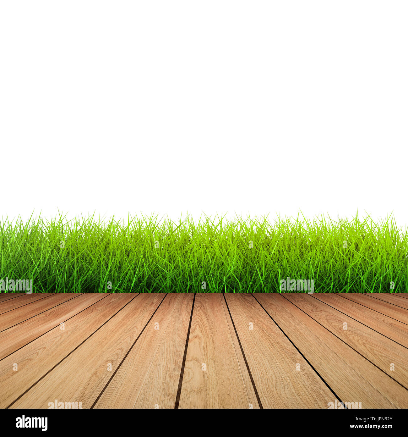wooden floor with green grass on white background Stock Photo - Alamy