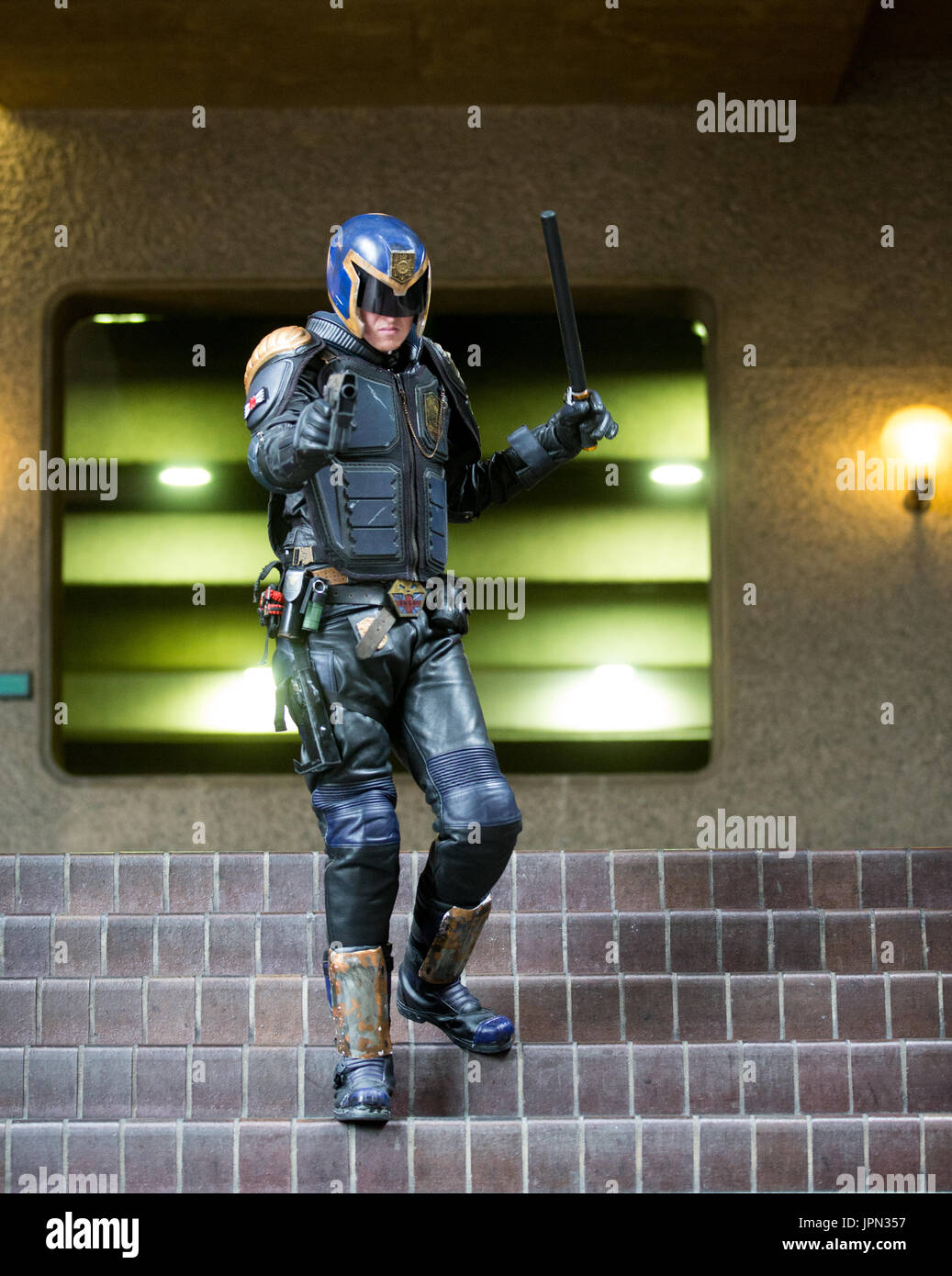 William Conley, dressed as Enza from Judge Dredd, outside the Barbican ...