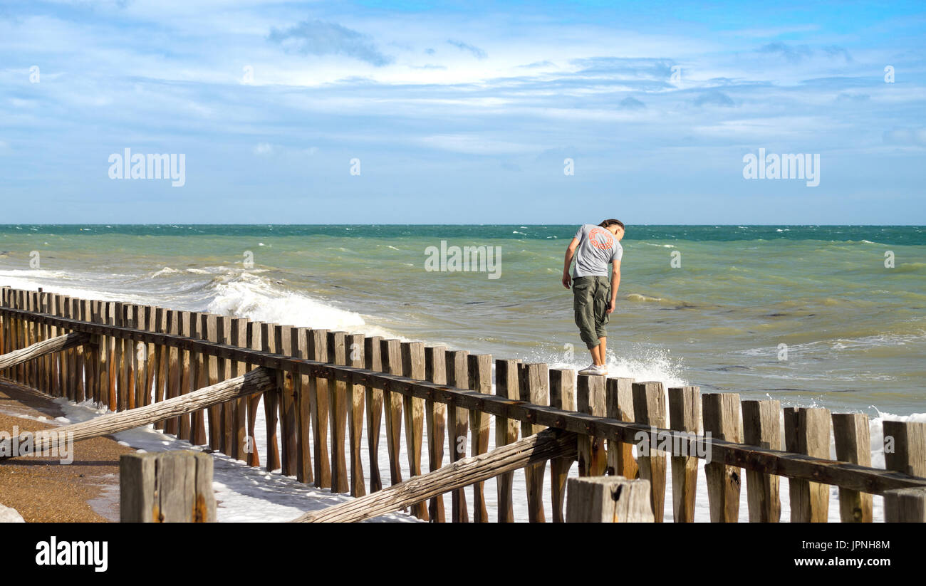 Man walks along a weathered drift fencing at a beach in Hove, East ...