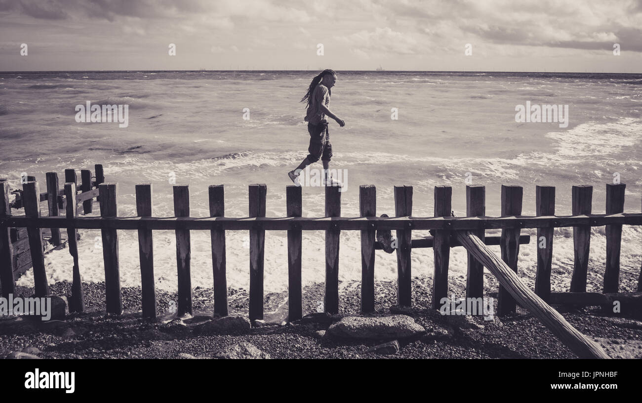 Man walks along a weathered drift fencing at a beach in Hove, East ...