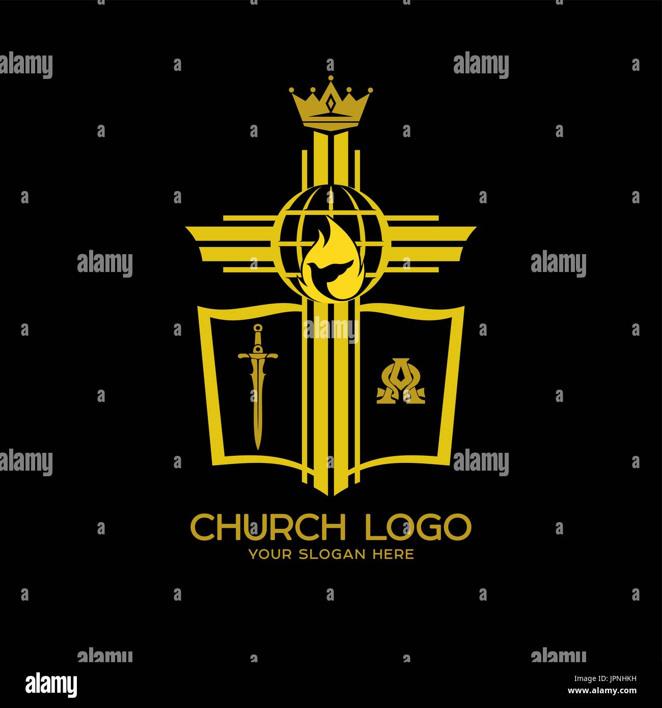 Church logo. Christian symbols. Cross, bible and symbols of the kingdom ...