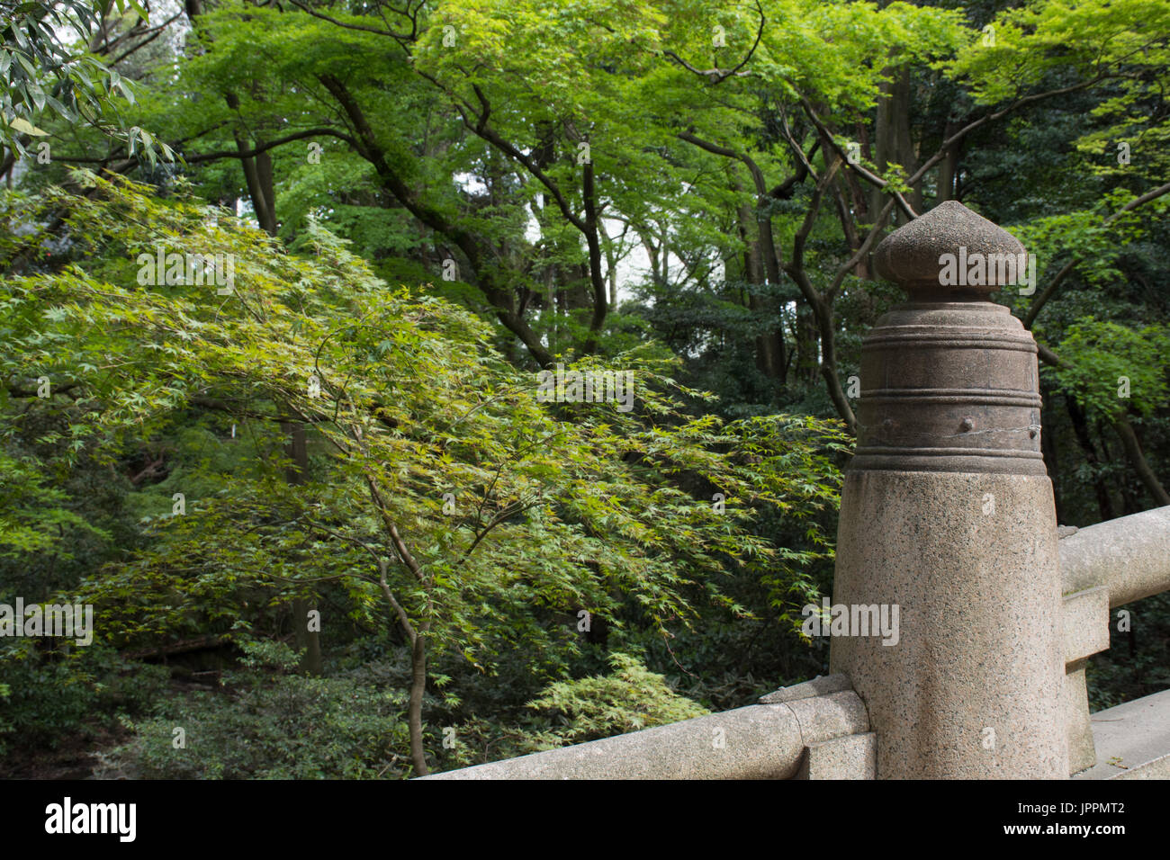 Close up of a concrete fence in Meiji Jingu Shinto Shrine in Tokyo. A ...