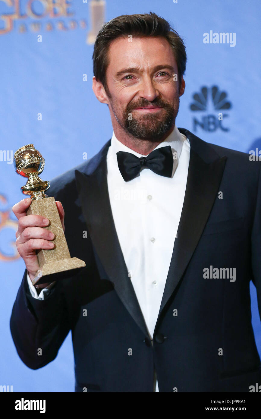 Hugh Jackman poses in the press room at the 70th Annual Golden Globe ...