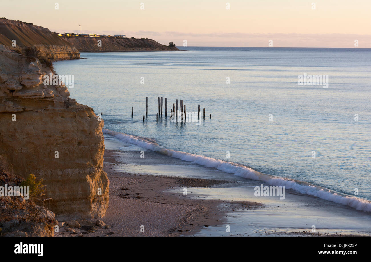 Looking down at the jetty ruins at Port Willunga, South Australia ...