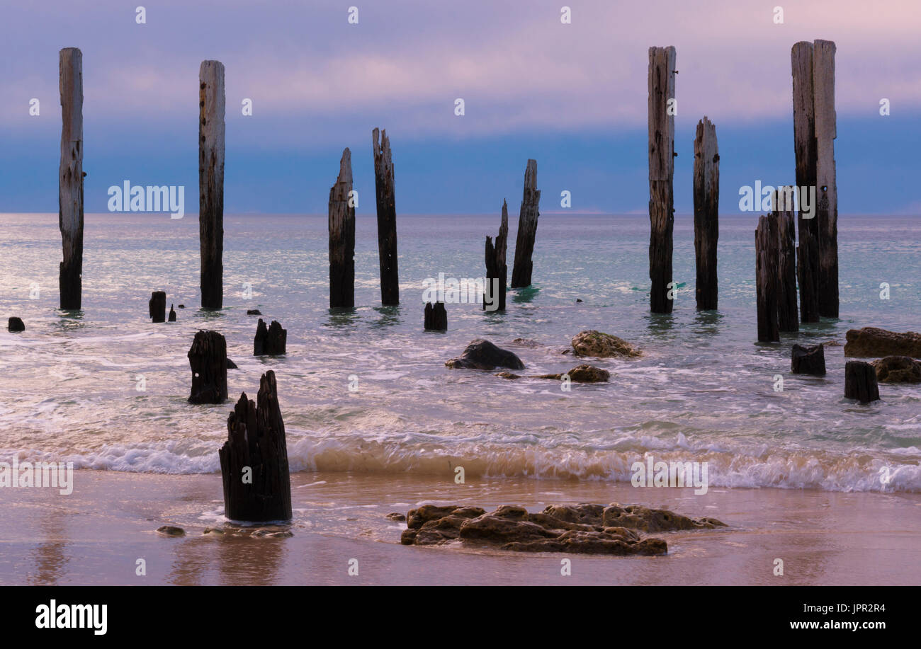 The jetty ruins at Port Willunga, South Australia prior to sunset ...