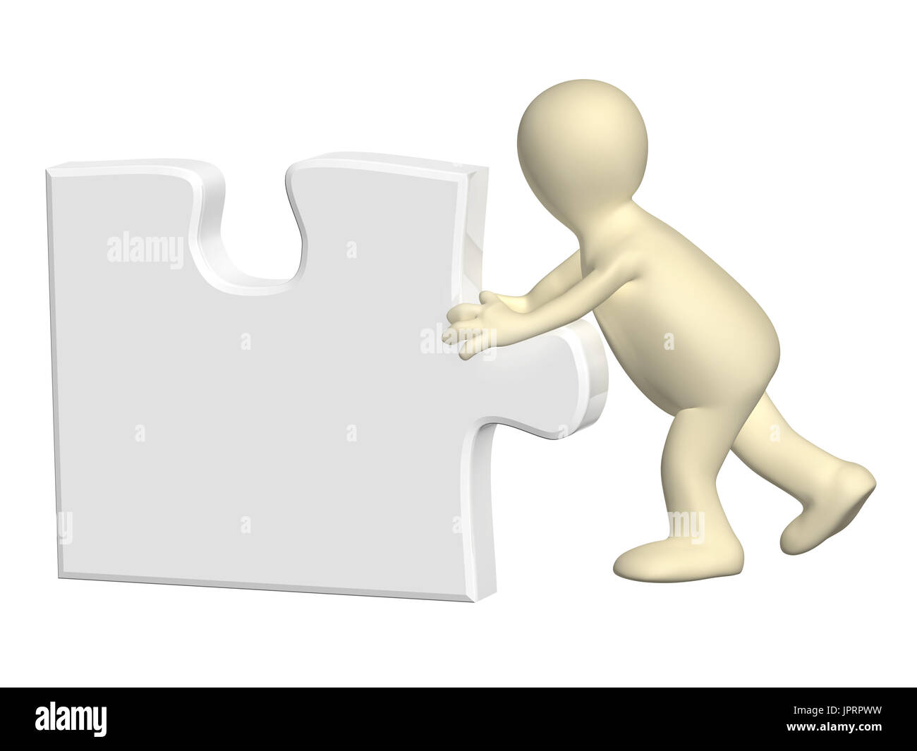 3d man pushing part of puzzle of grey color. Isolated on white ...