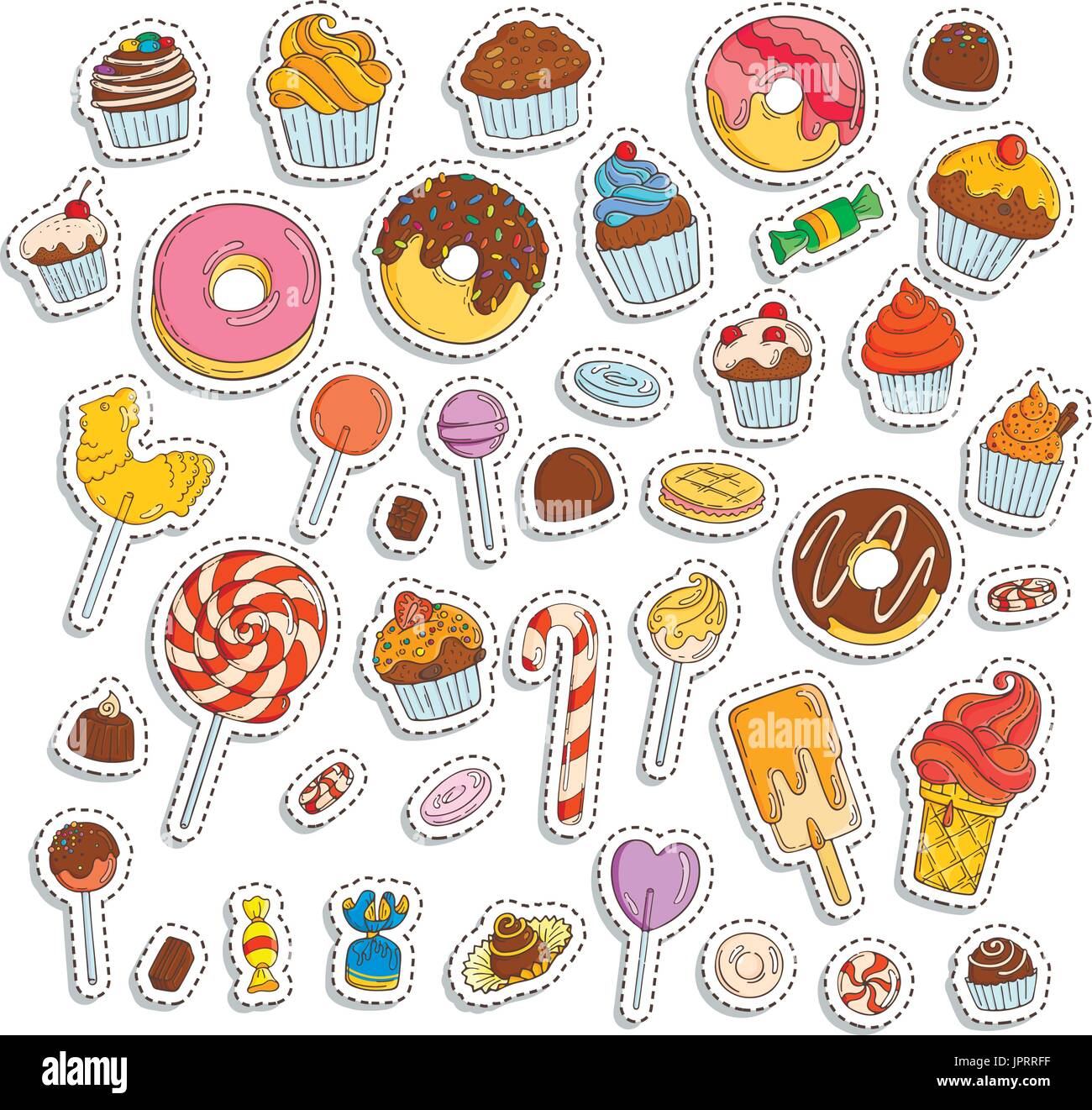 Doodle sweets set. Ice cream, donuts, cupcakes, chocolate, candies ...